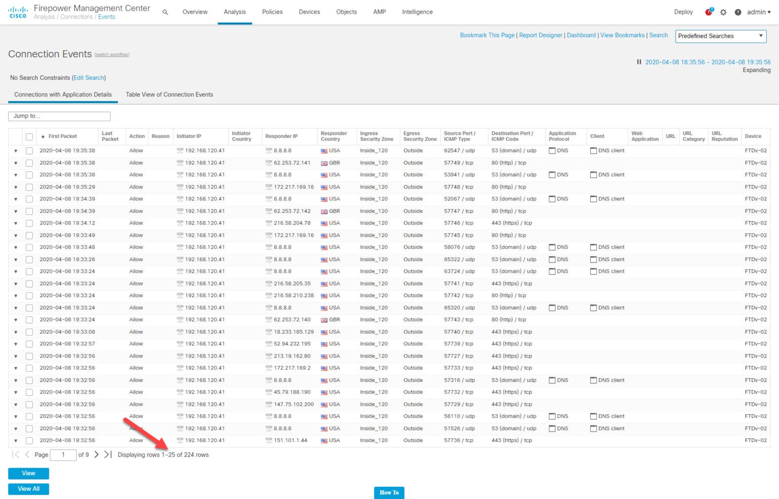 Increase the number of events displayed in Cisco FMC analysis pages